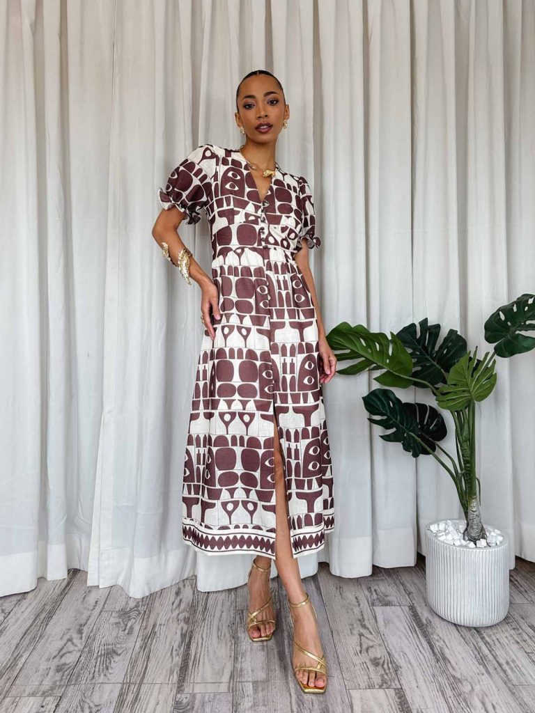 AMANDA DRESS BROWN STONES - Landa Shop